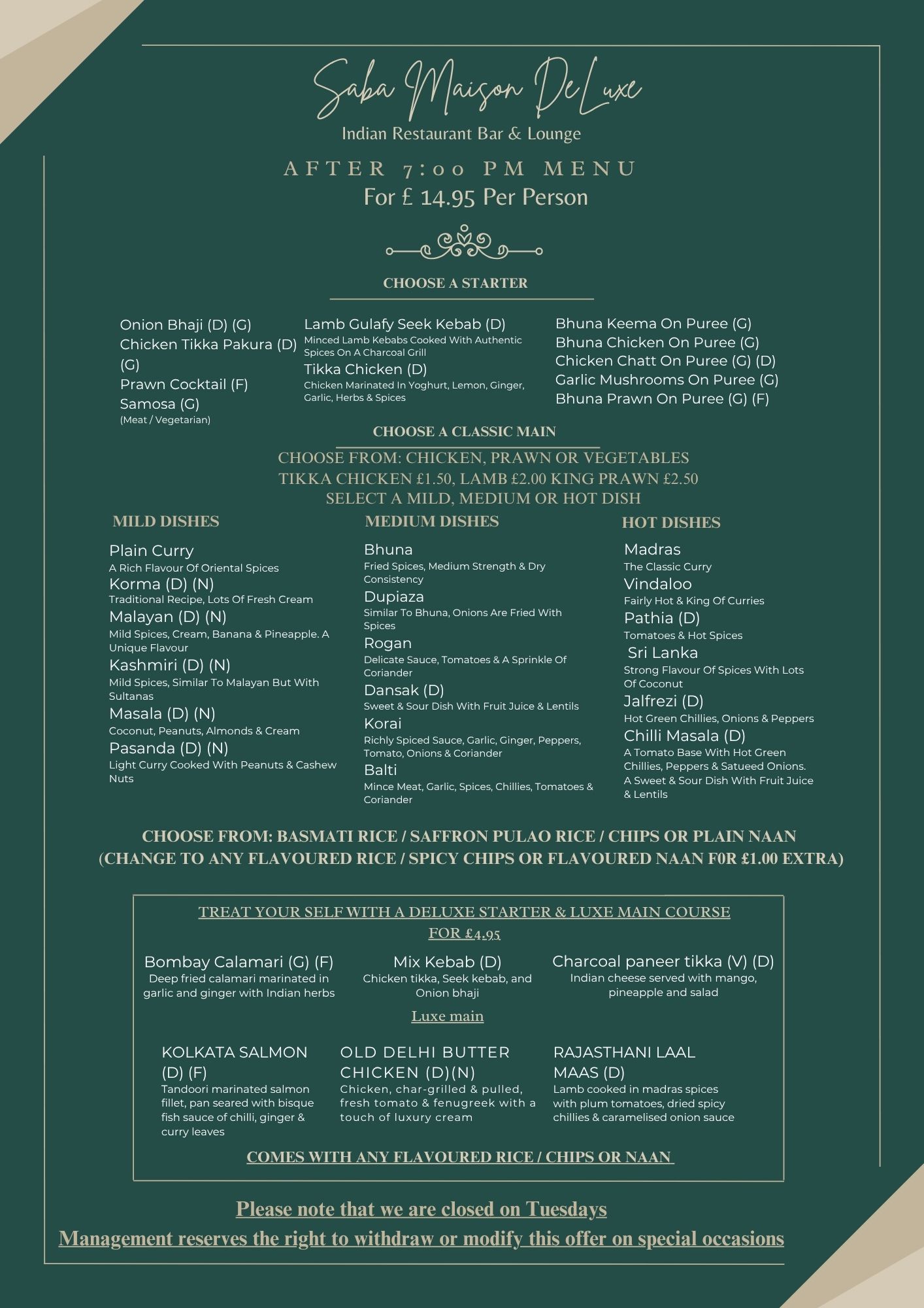 Evening Menu - Saba Maison de Luxe